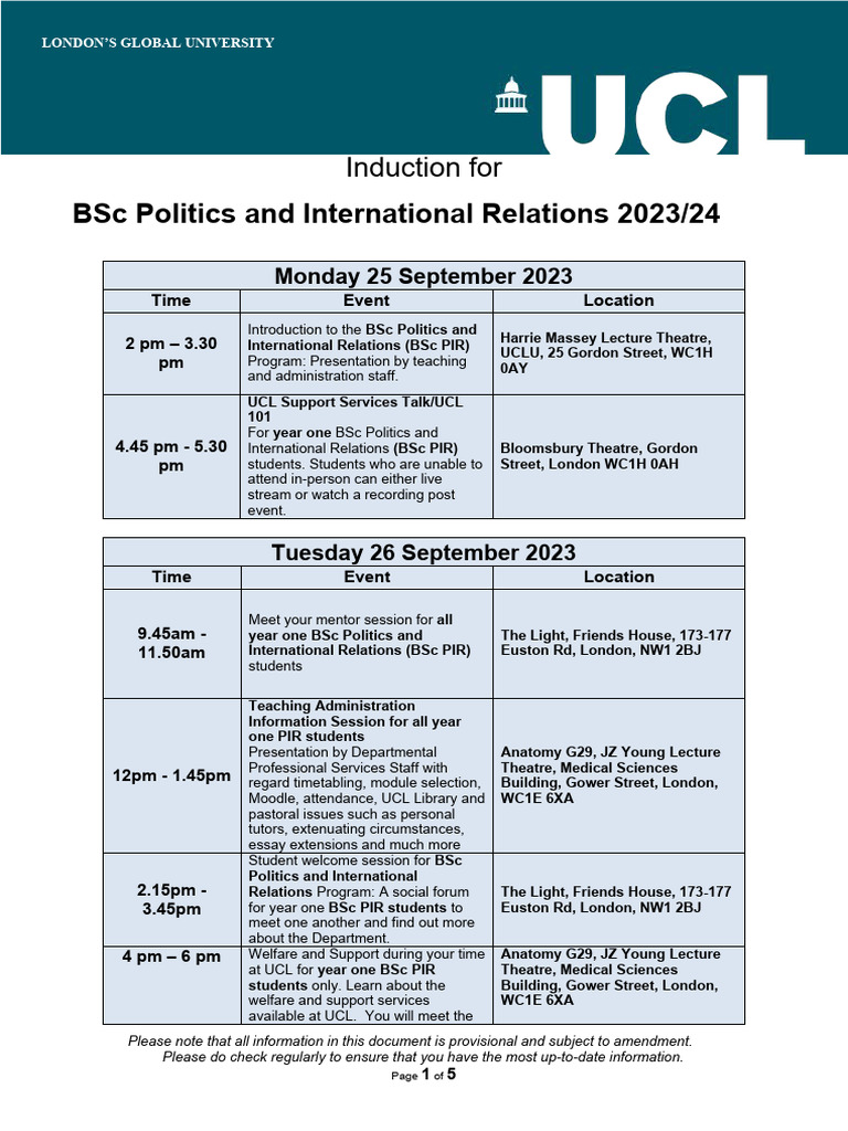 BSc Politics Induction Schedule 2023/24 | PDF