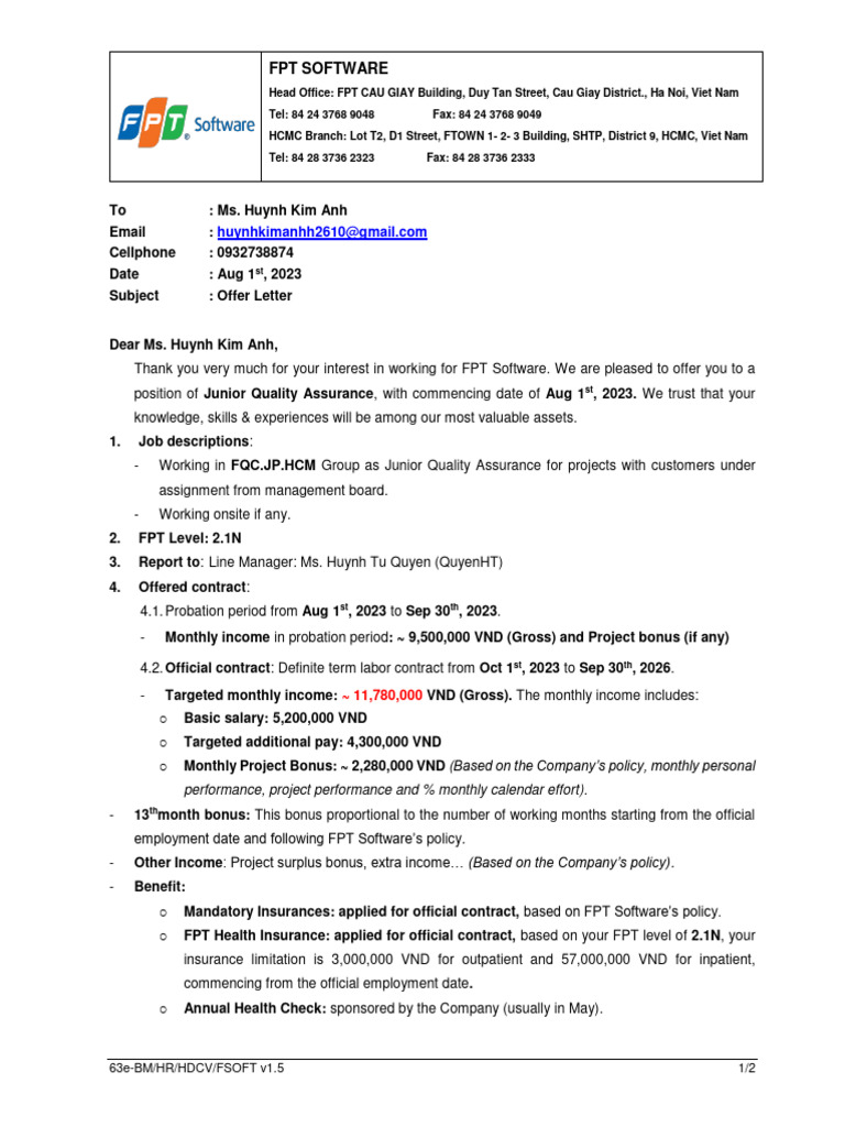 OfferLetter - Ms. Huynh Kim Anh - FQC - JP.HCM - 01082023 | PDF ...