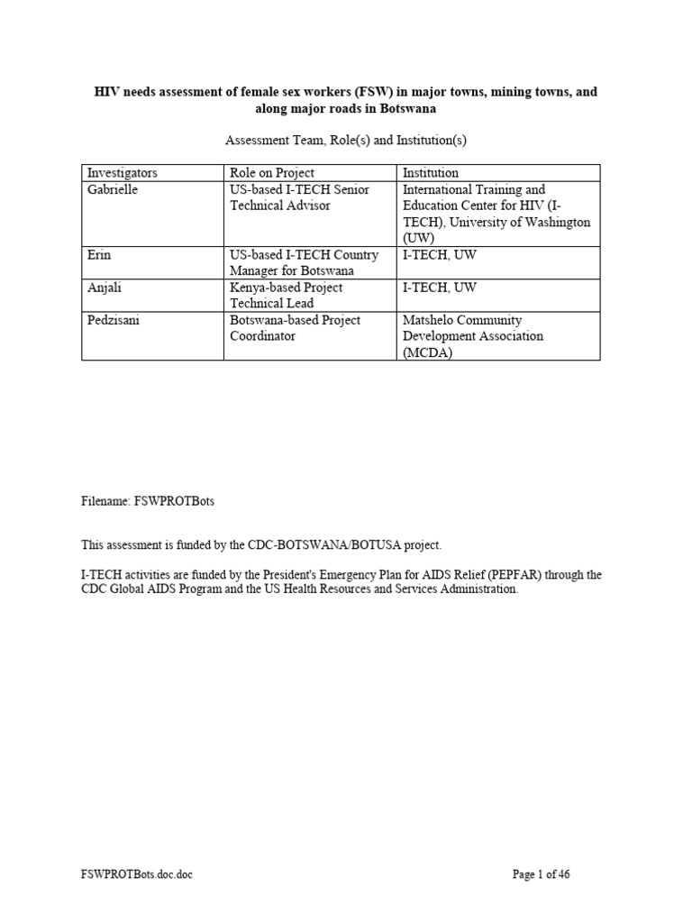 z.3 Botswana - FSW - Needs - Assessment - Example | PDF | President's ...