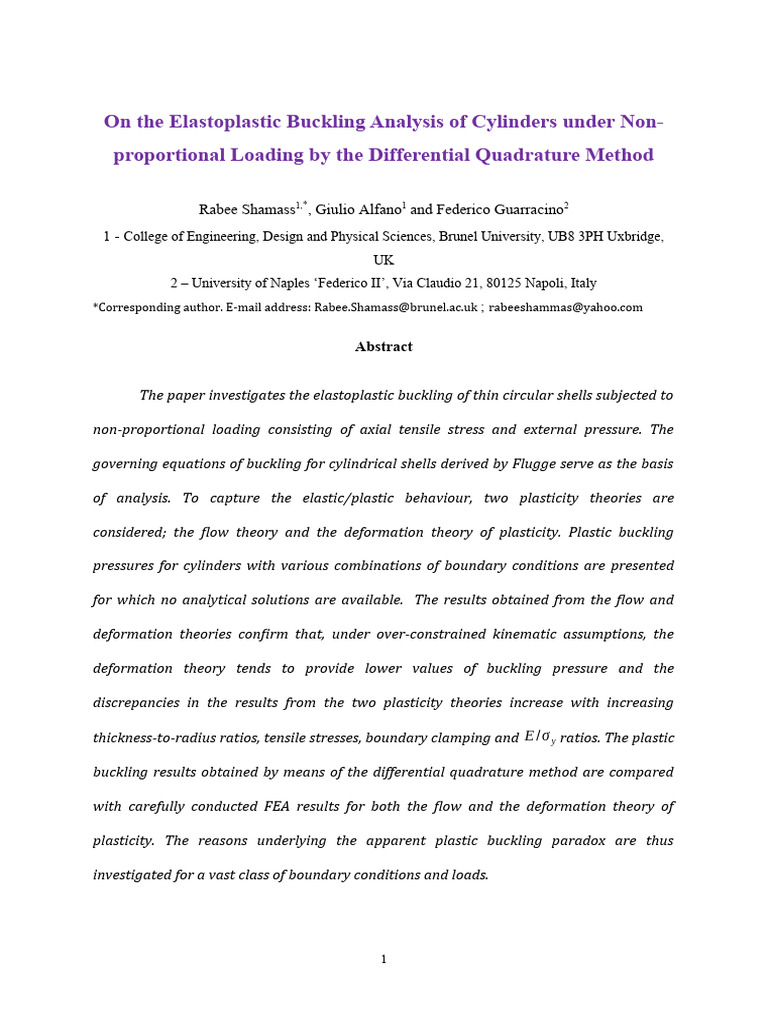 On The Elastoplastic Buckling Analysis of Cylinders Under Non ...