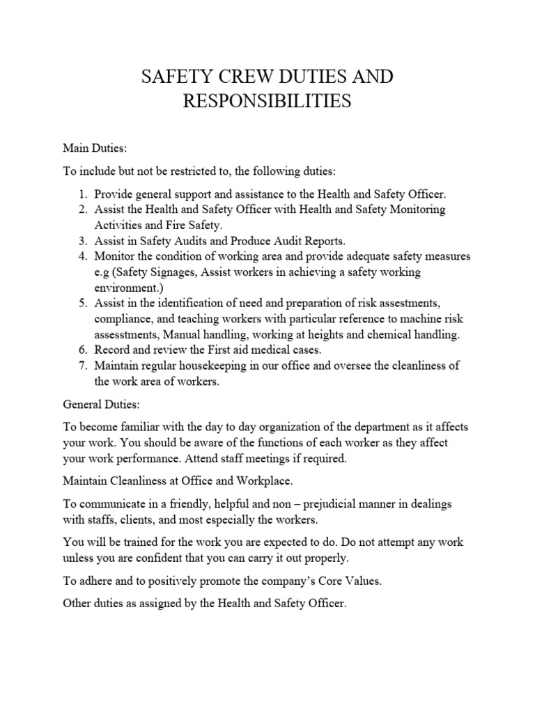 Safety Crew Duties and Responsibilities | PDF