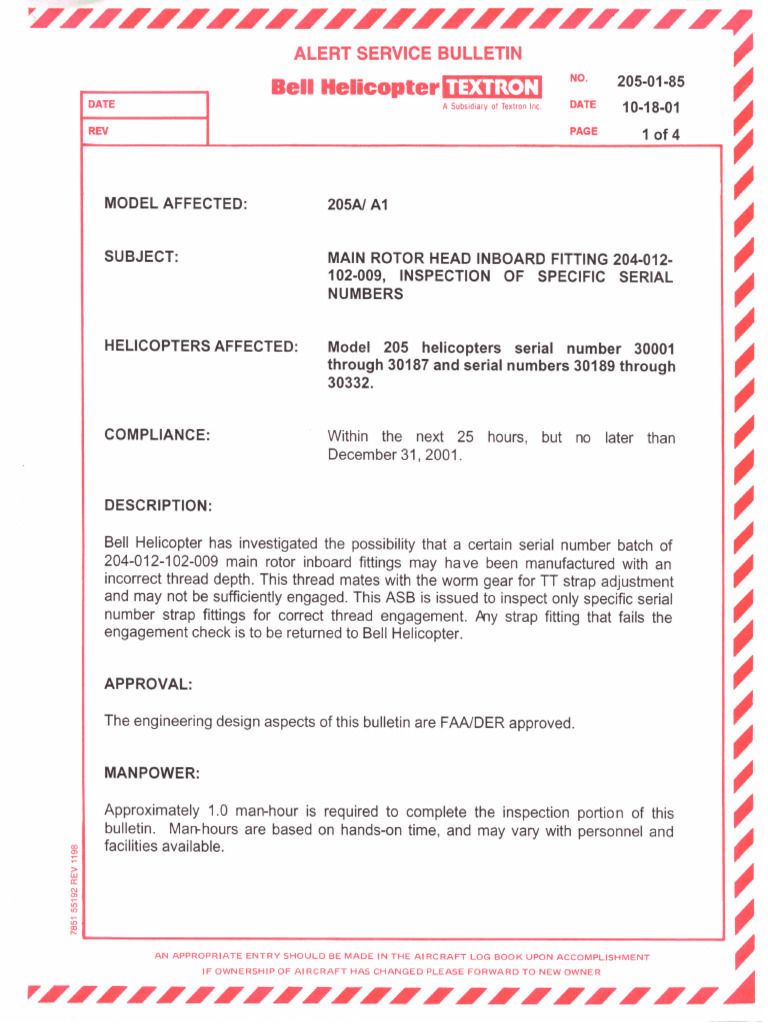Bell Helicopter Ma No' 205-01-85: Alert Service Bulletin | PDF