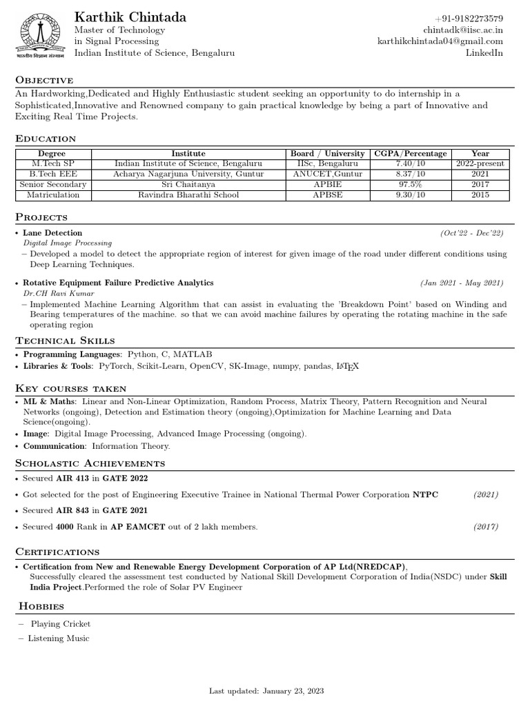 Karthik_Chintada_IISc-Resume | PDF | Machine Learning | Applied Mathematics