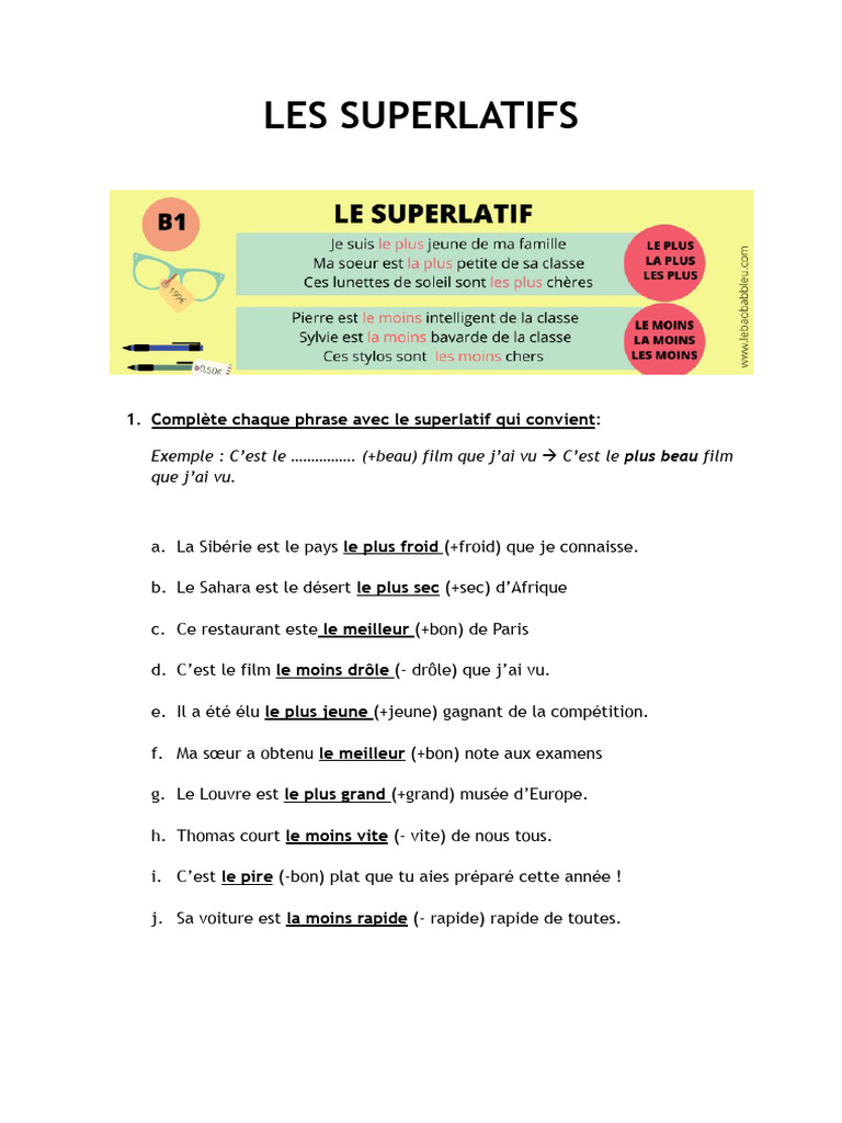 Exercices sur les superlatifs en français | PDF