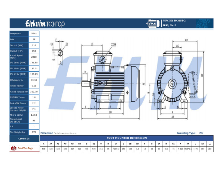 Elektrim 110KW 2P B3 Model EM315S-2 Technical Data & Drawing; | PDF