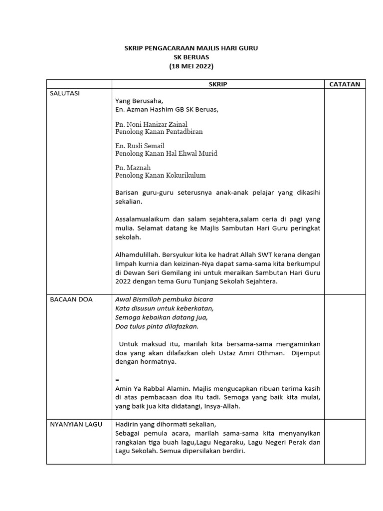 Skrip Pengacaraan Majlis Hari Guru 2022 | PDF