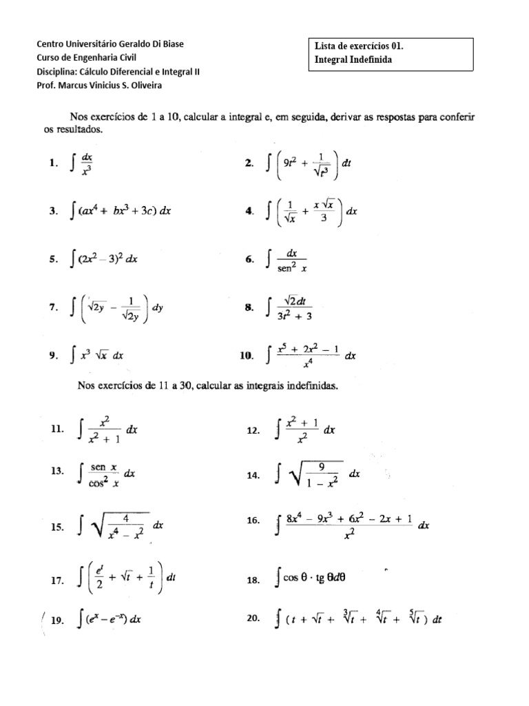 Exercicios 01 Integral Indefinida | PDF