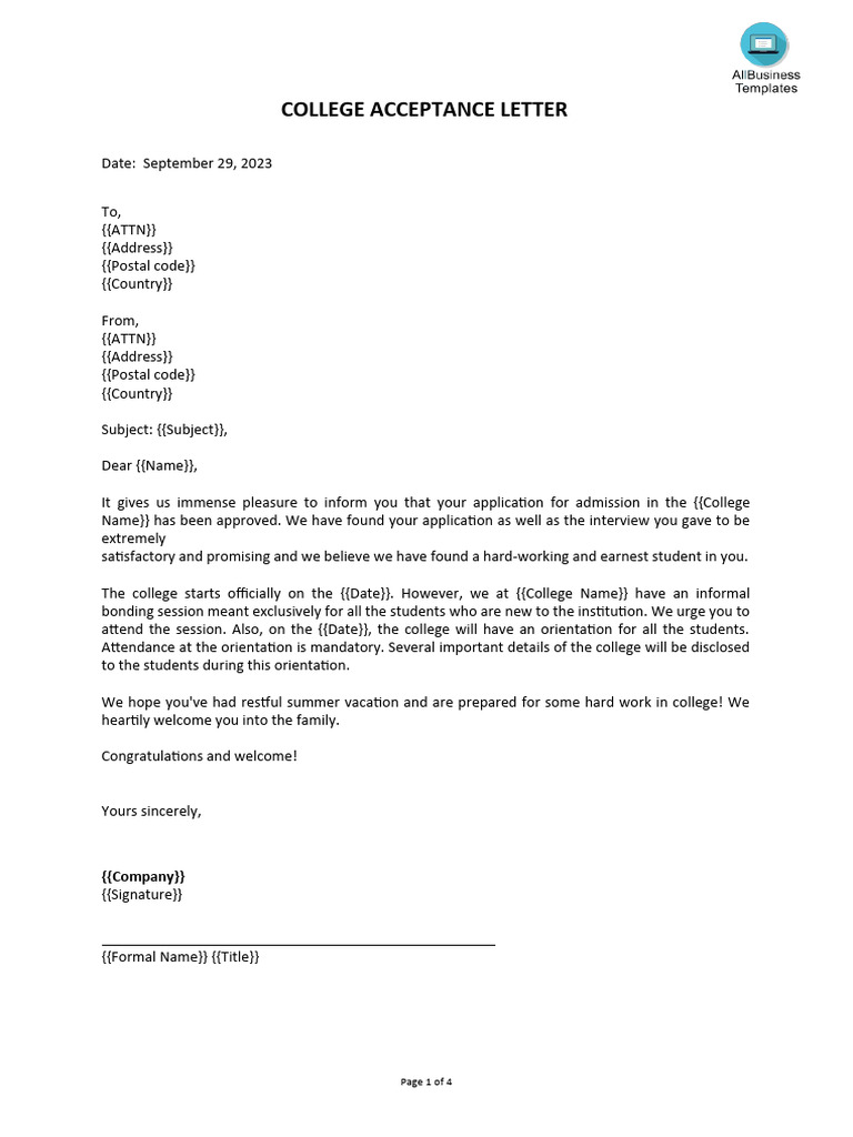 College Acceptance Letter Template | PDF
