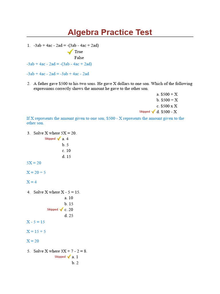 Algebra Practice Test | PDF
