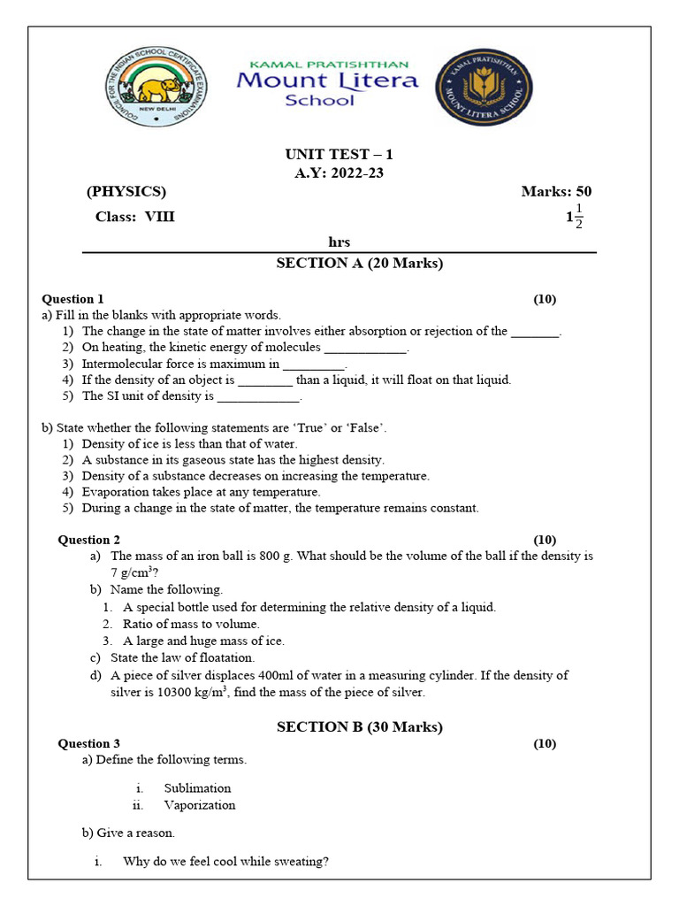 Class VII Unit 1 QP | PDF