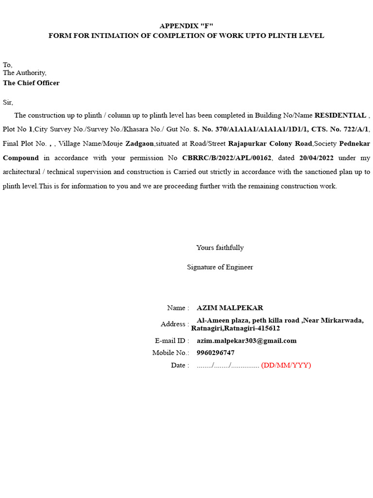 Form of Intimation of Completion Upto Plinth | PDF