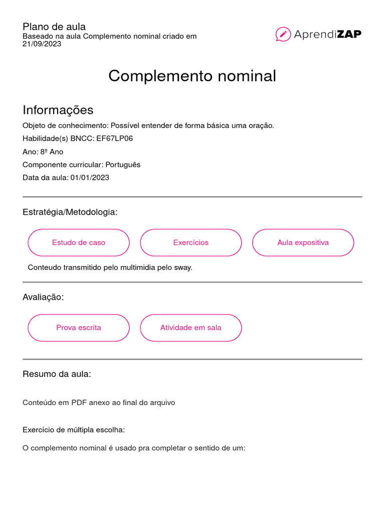 Aula sobre Complemento Nominal em Português | PDF