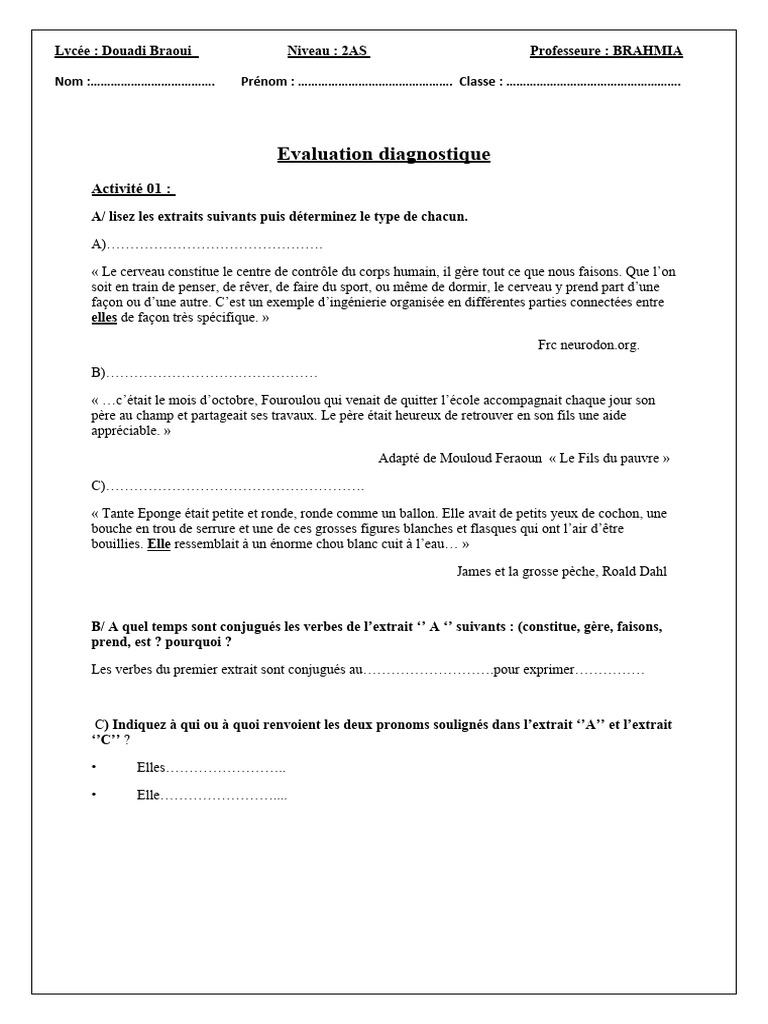 Évaluation Diagnostique 2AS - Projet 1 | PDF