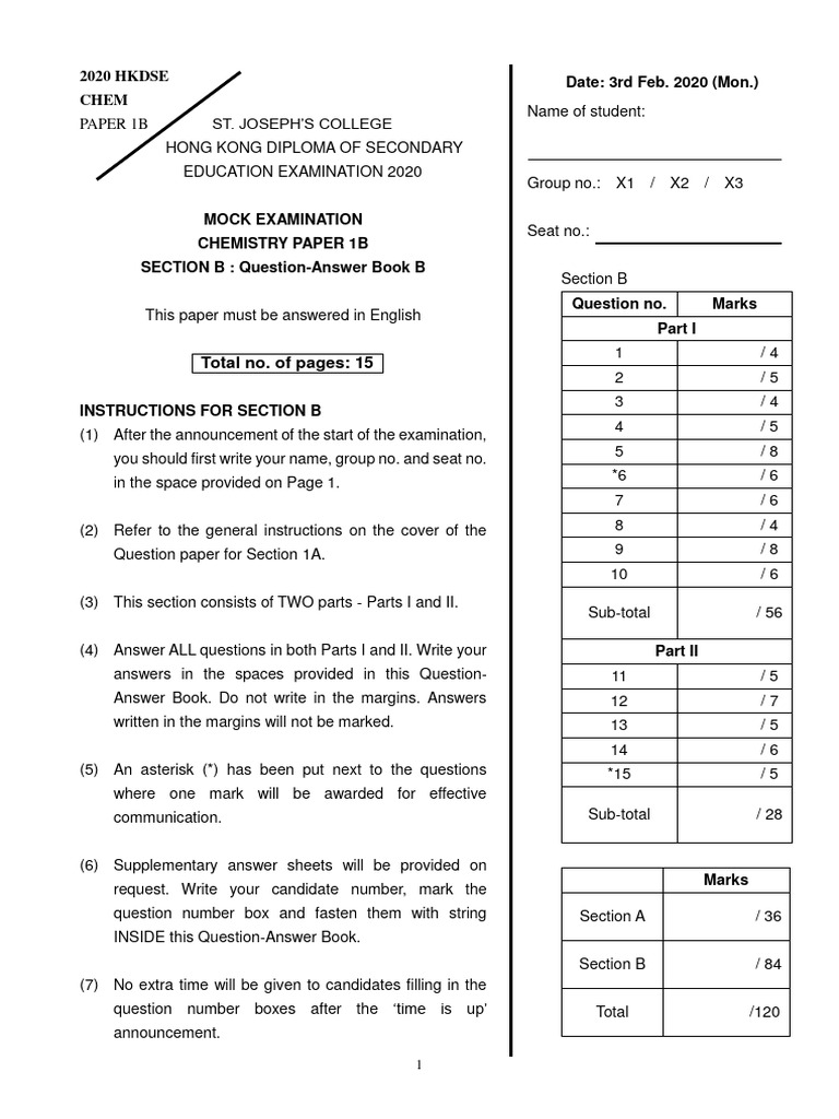 2020 HKDSE Chemistry Mock Exam Paper 1B | PDF