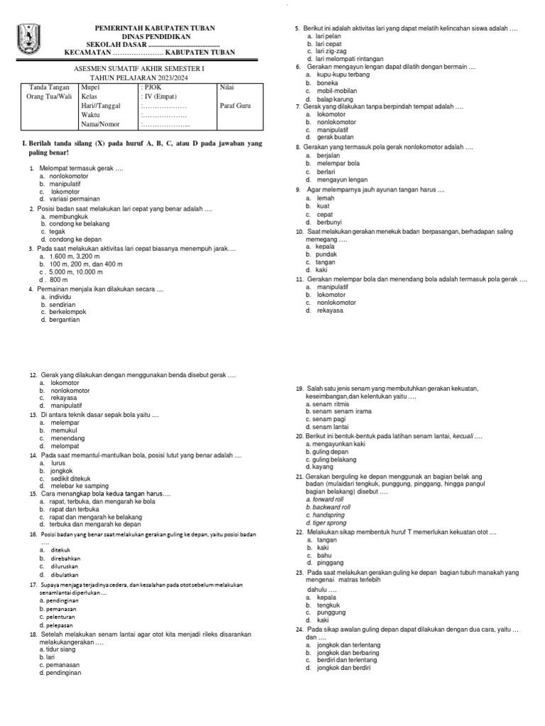 Soal Kumer Sas 1 Pjok Kelas 4 Tapel 2023-2024 | PDF