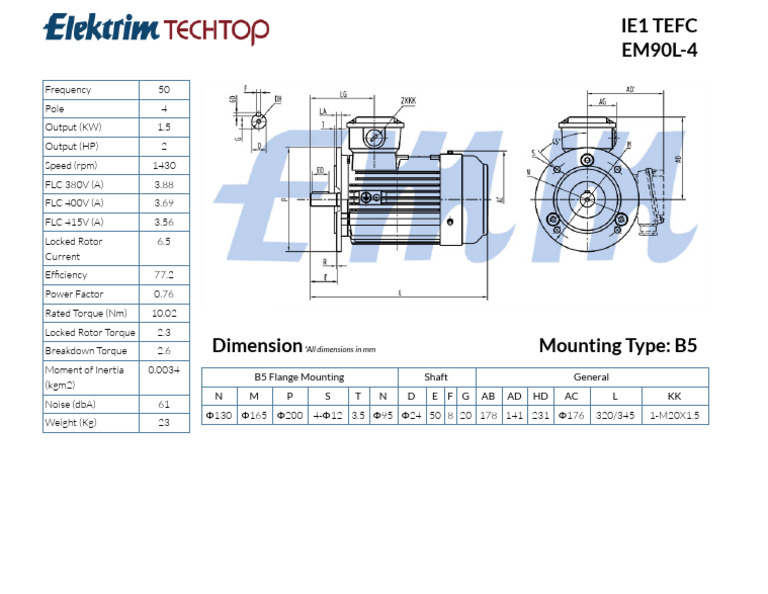 IE1 TEFC EM90L-4 Motor Specifications | PDF