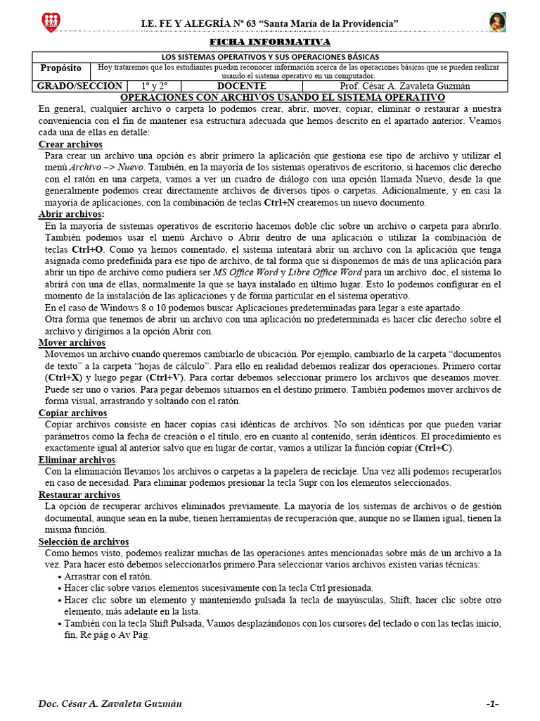 FICHA INFORMATIVA - 1° y 2º AÑO | PDF | Archivo de computadora | Teclado