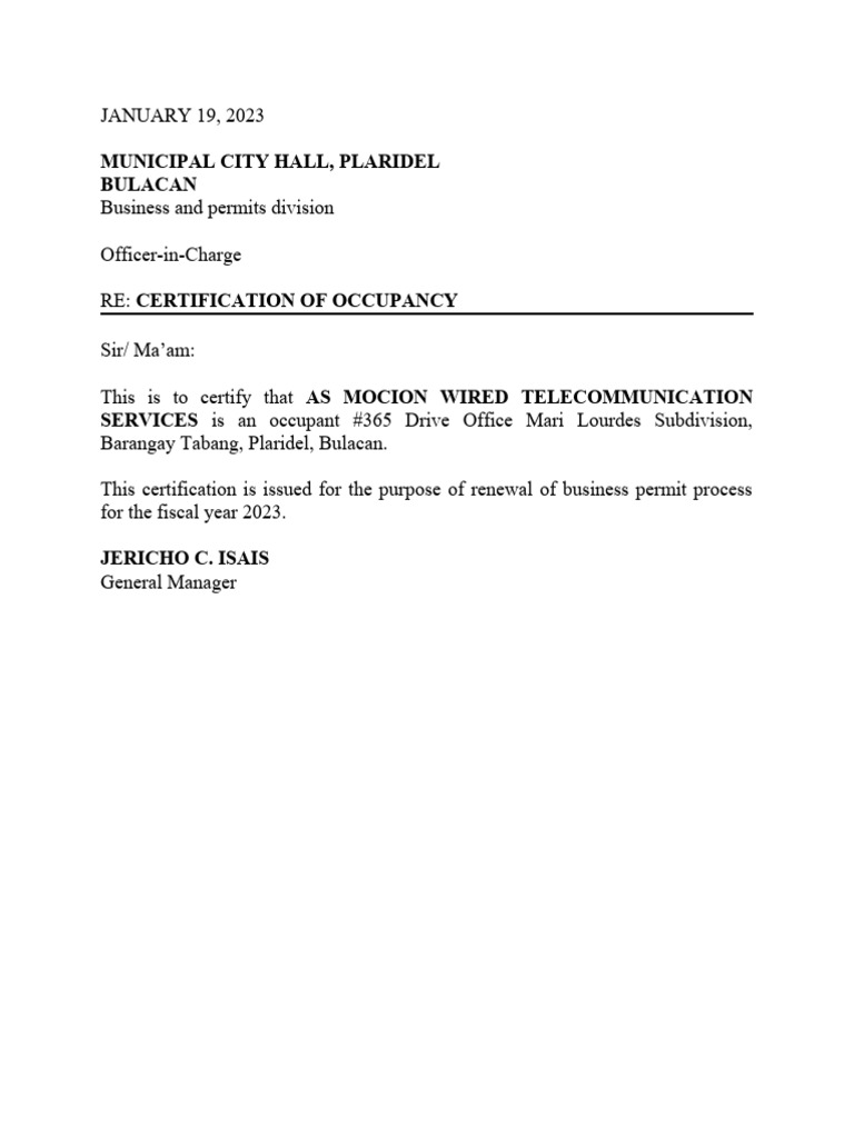 Certification of Occupancy for AS MOCION | PDF | Career & Growth | Business