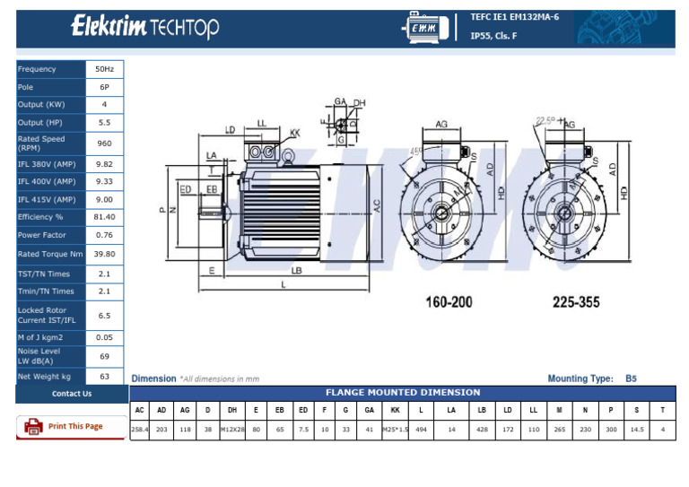Elektrim 4KW 6P B5 Model EM132MA-6 Technical Data & Drawing | PDF