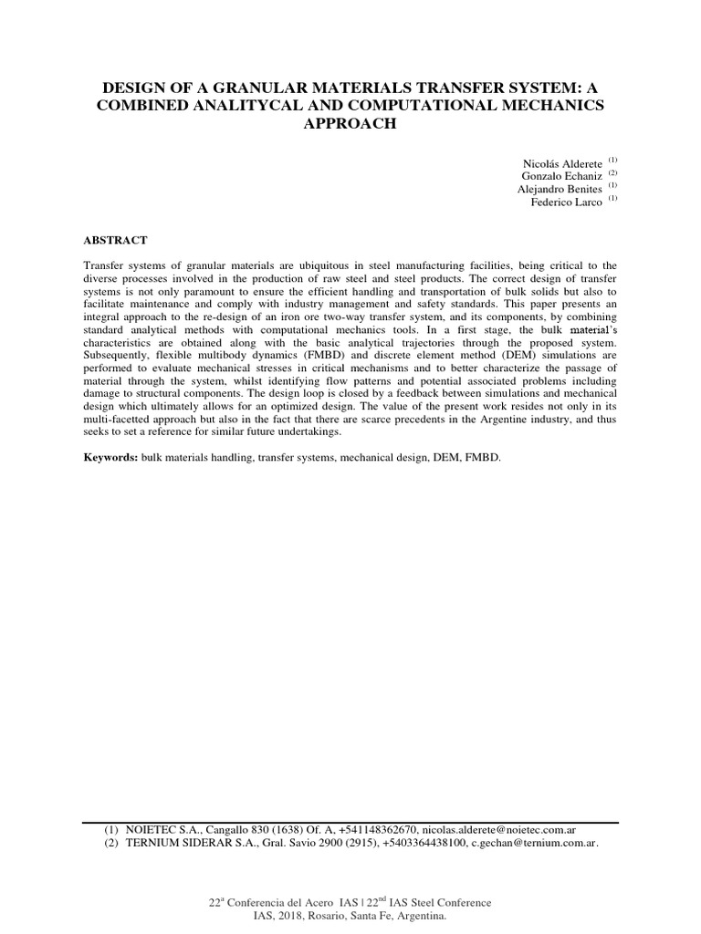 Design of A Granular Materials Transfer System: A Combined Analitycal ...