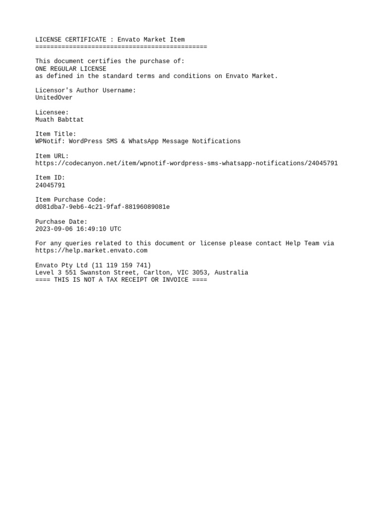 72527322 Wpnotif Wordpress Sms Whatsapp Notifications License | PDF