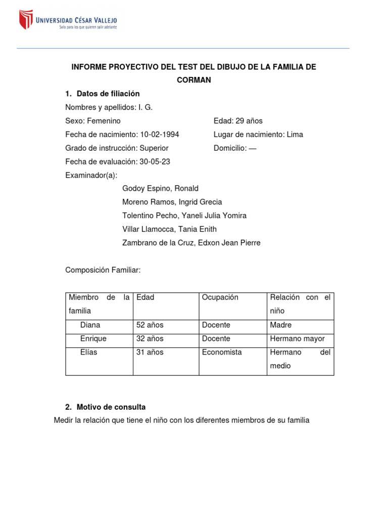 Formato de Informe Del Test de La Familia | PDF | Sicología
