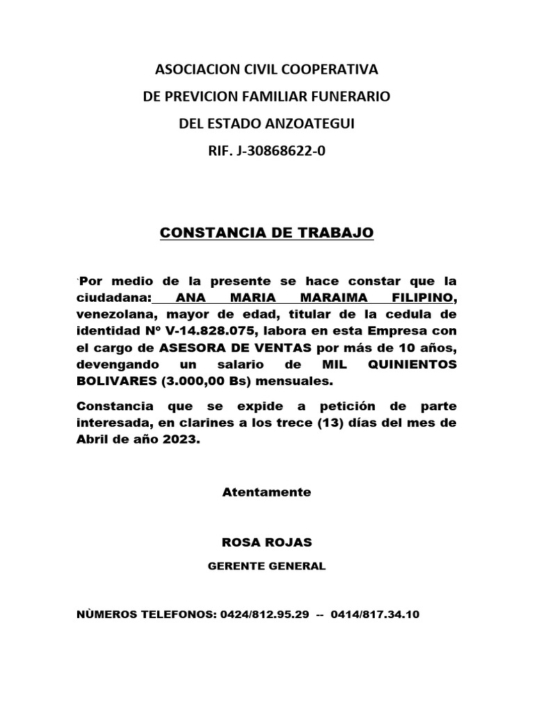 Carta Trabajo Funeraria | PDF