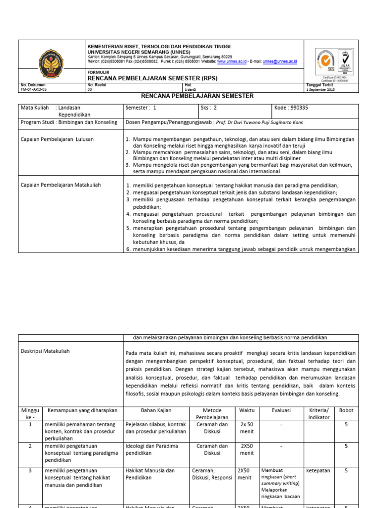 Rencana Pembelajaran Semester (RPS) Rencana Pembelajaran Semester | PDF