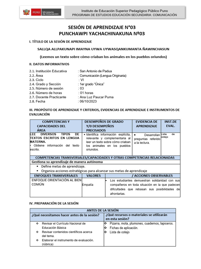 Sesion de Aprendizaje N°02 - 2do Grado San Antonio de Padua-Lengua Originaria | Descargar gratis ...