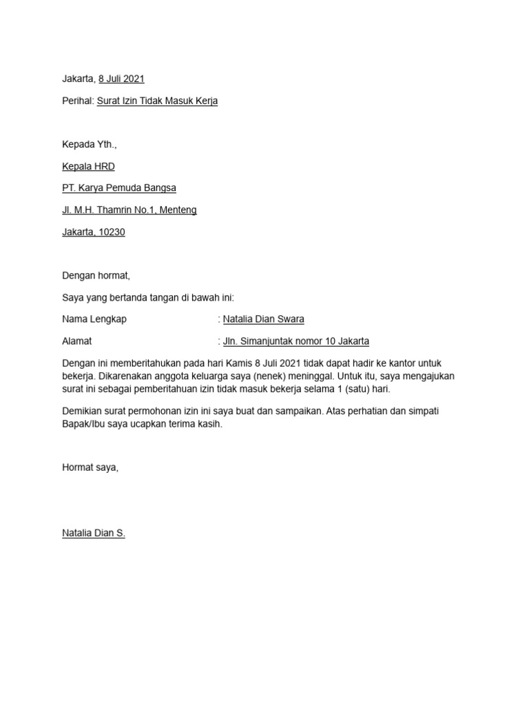 Contoh Surat Izin Tidak Masuk Kerja Karena Keluarga Meninggal | PDF