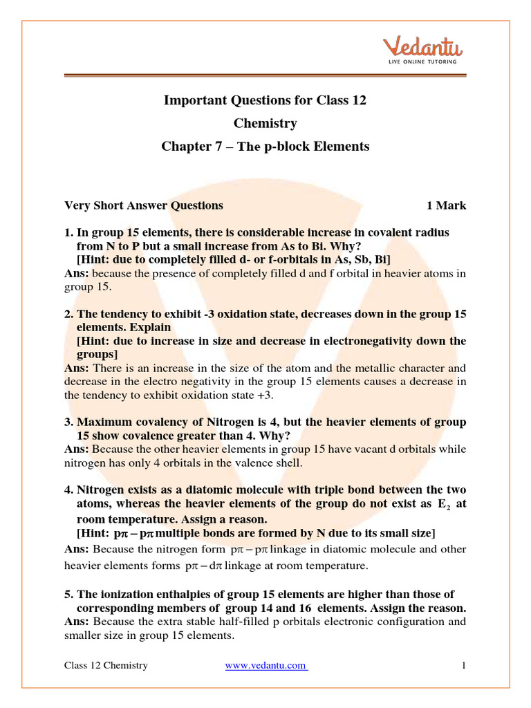 CBSE Class 12 Chemistry Chapter 7 The P Block Elements Important | PDF