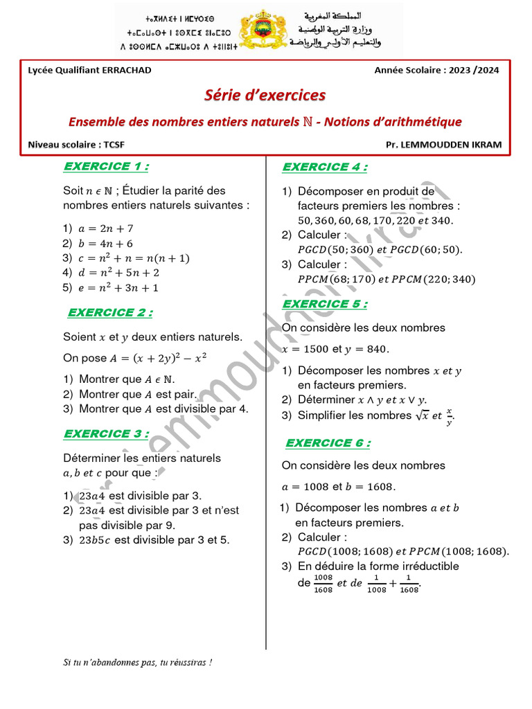 Serie D'exercices Ensemble Des Nombres Entiers Naturels - 081632 | PDF