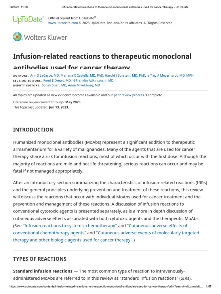 Infusion-Related Reactions To Therapeutic Monoclonal Antibodies Used ...