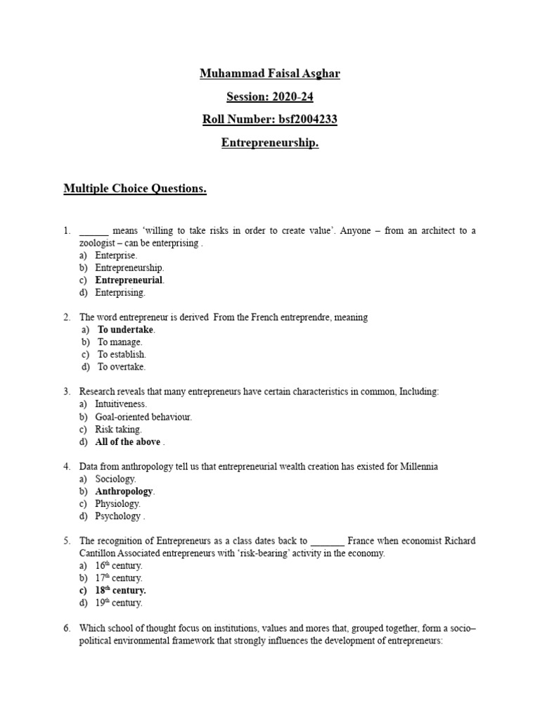 Entrepreneurship.mcqs^[1] | PDF