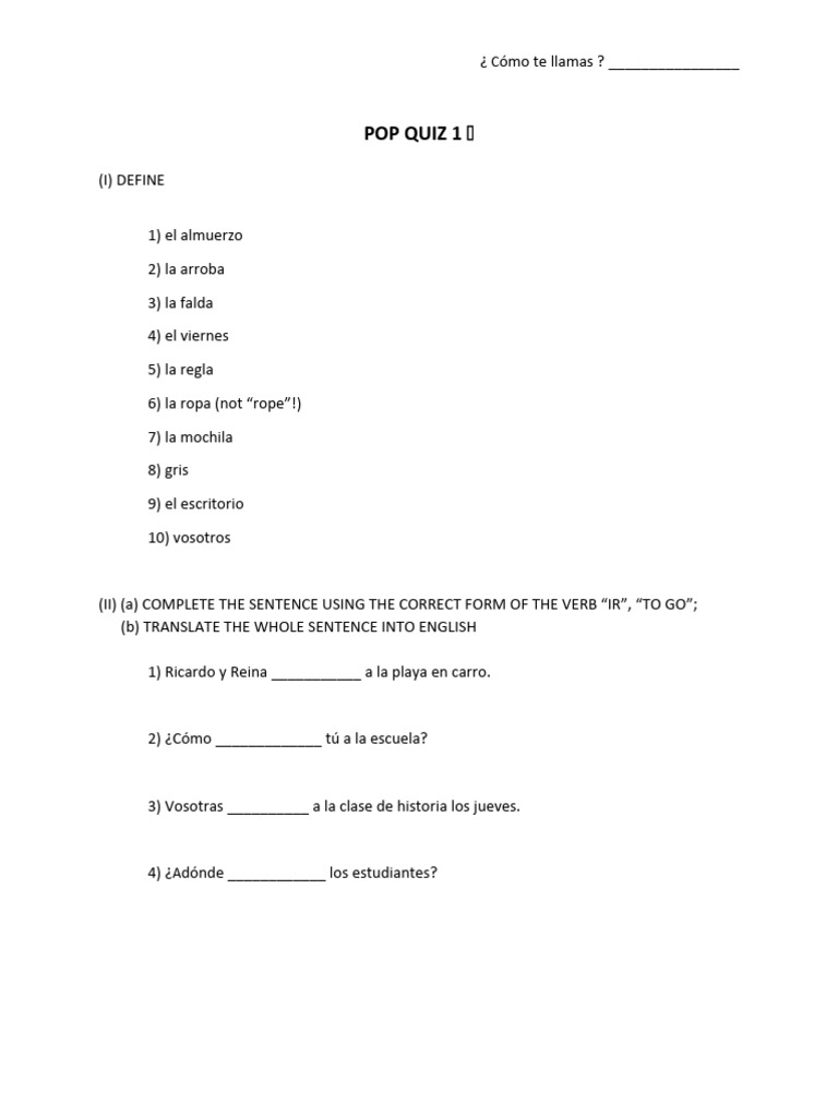Spanish 1 - Pop Quiz 1 | PDF