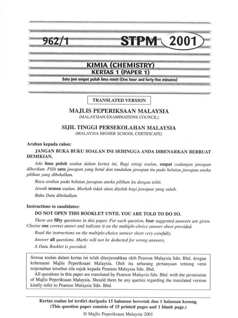 STPM Chemistry 2001 - Paper 1