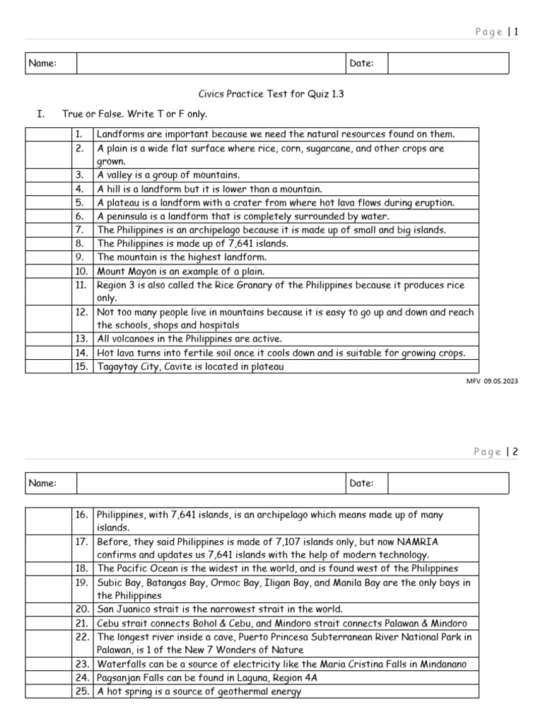 Grade 3 Landforms and Waterforms Quiz | PDF | Travel | Science ...