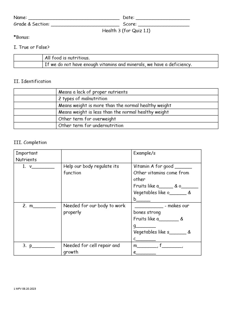Grade 3 Quiz 1.1 HEALTH Malnutrition | PDF