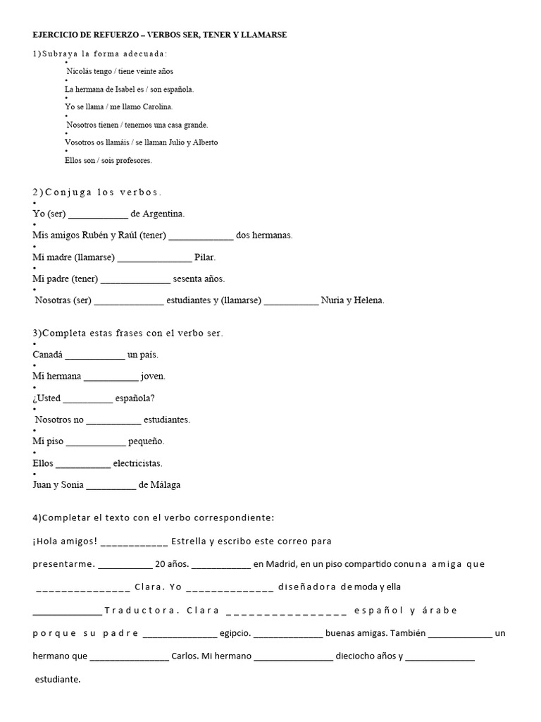 EJERCICIO DE Ser, Tener y Llamarse | PDF