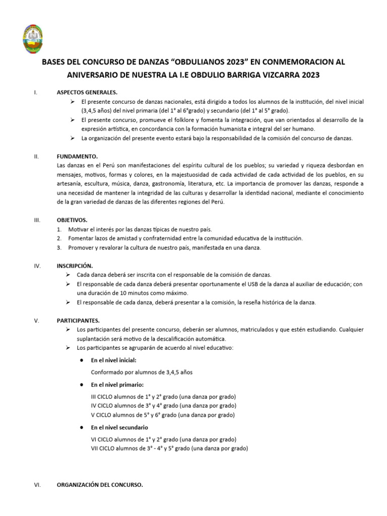 Bases Para Concurso de Danzas Obdulio 2023 | PDF | Bailes