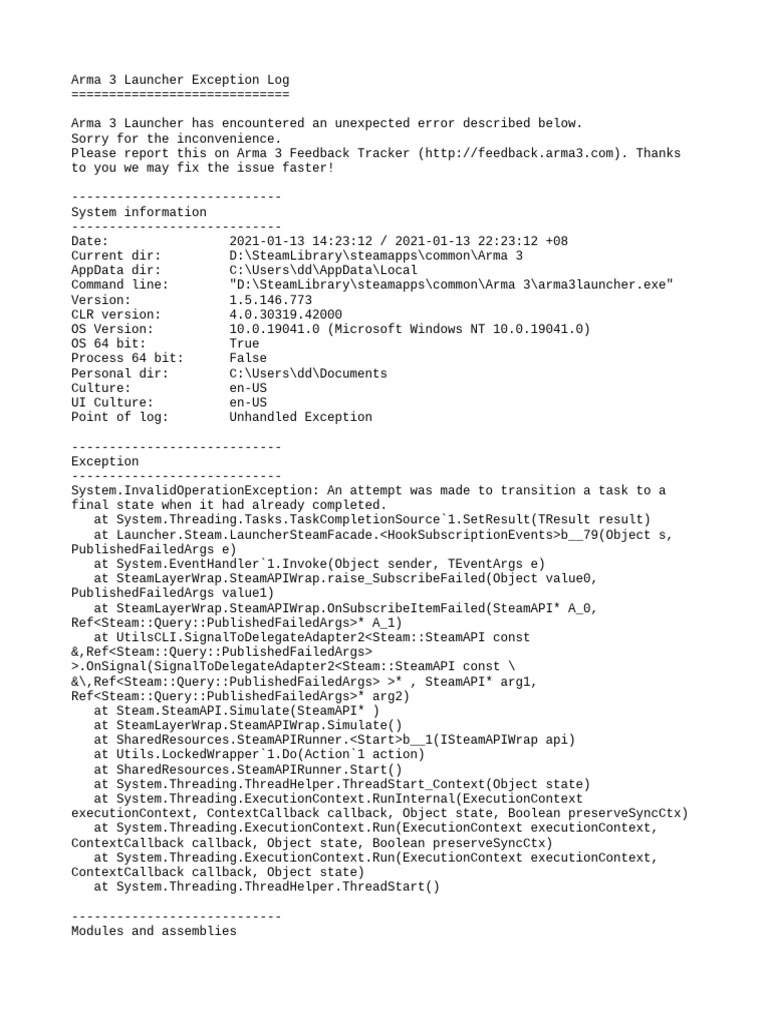 Arma3Launcher_Exception_20210113T142312 | PDF