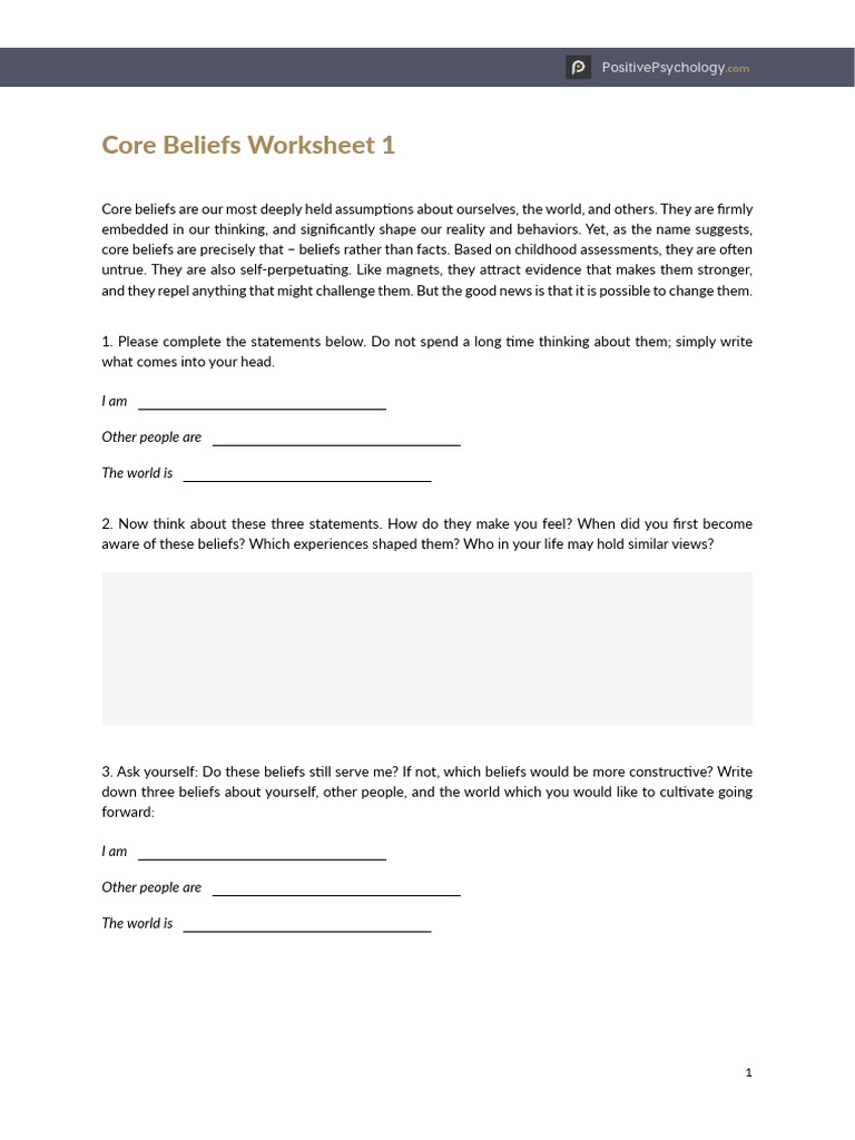 Core Beliefs Worksheet 1 | PDF