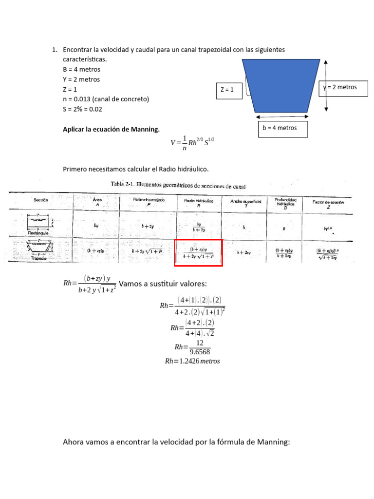 Ejercicio 1 y 2 Formulas de Manning y Chezy | PDF