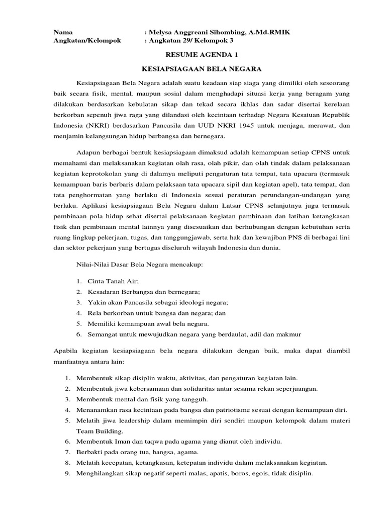 RESUME AGENDA 1 KESIAPSIAGAAN BELA NEGARA | PDF