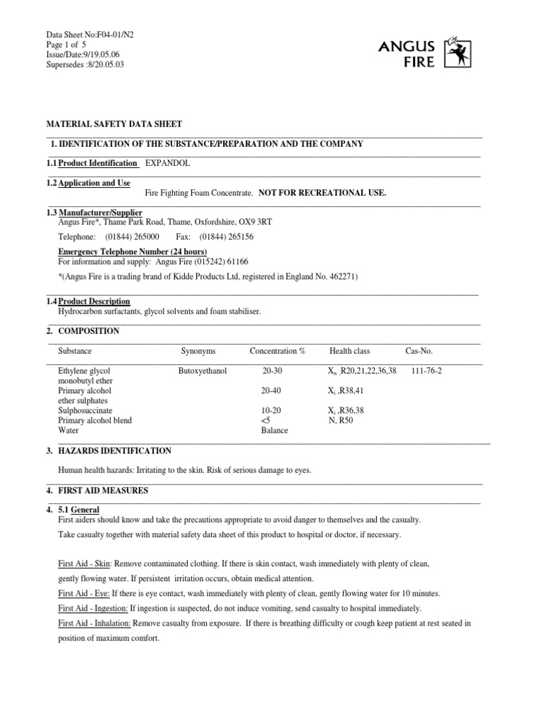 Expandol Fire Fighting Foam Data Sheet | PDF | Firefighting | Safety