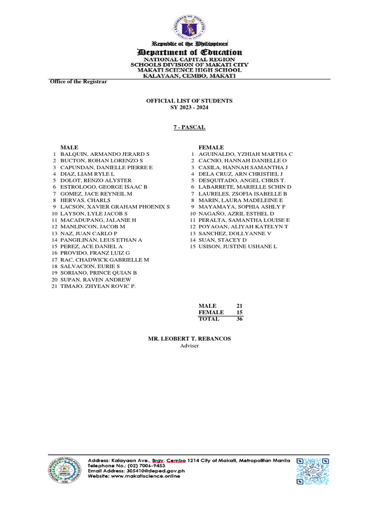 7 Pascal Official List Students SY 2023-2024 | PDF