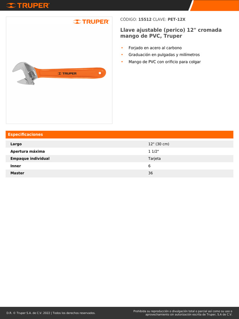 Llave Ajustable (Perico) 12" Cromada Mango de PVC, Truper | PDF