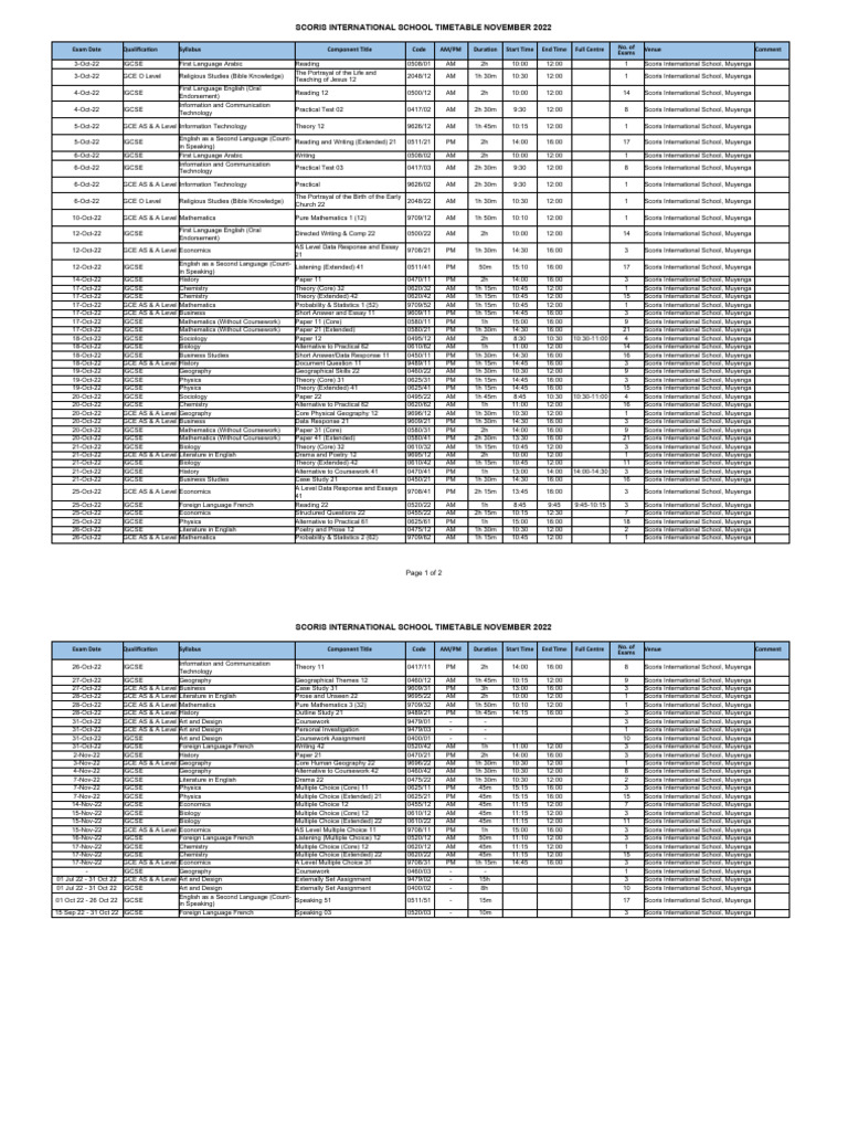 Ug034 Scoris International School Timetable Oct-Nov 2022 | PDF