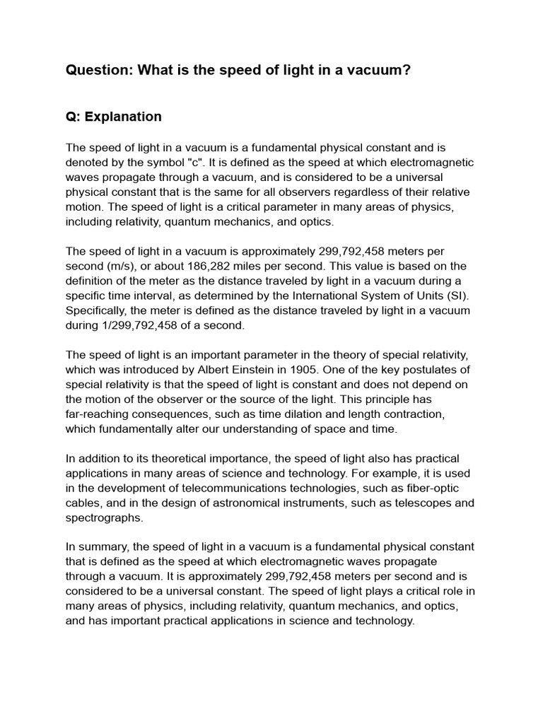 Speed of Light in a Vacuum Explained | PDF