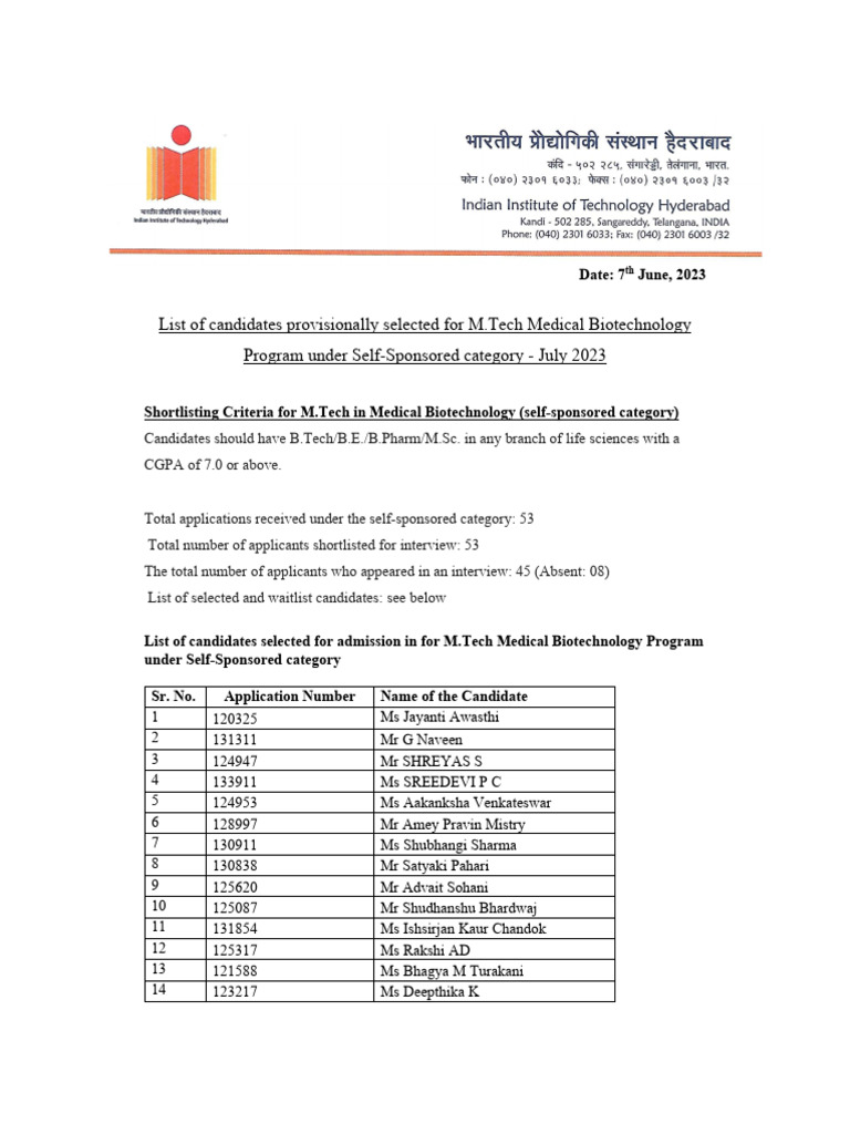 M.Tech Medical Biotechnology Candidates July 2023 | PDF